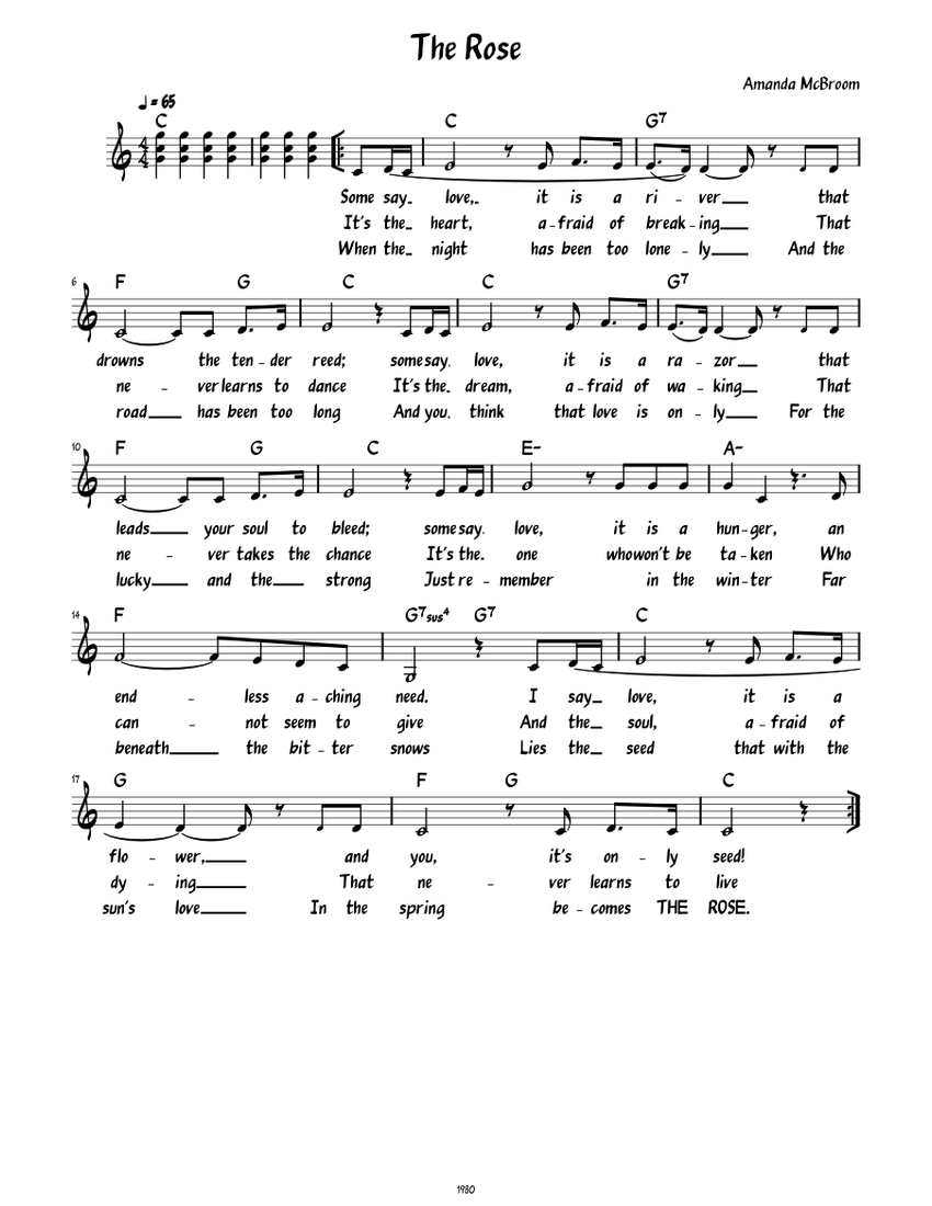 The Rose (Lead sheet with lyrics ) Sheet Music with Chords for Piano ...