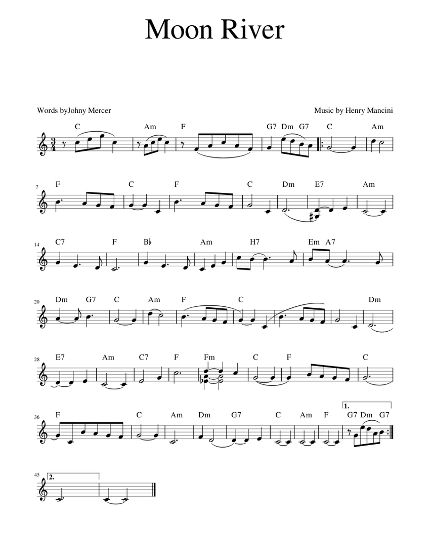 Moon River – Henry Mancini Moon RiverC-Dur Sheet music for Vocals ...