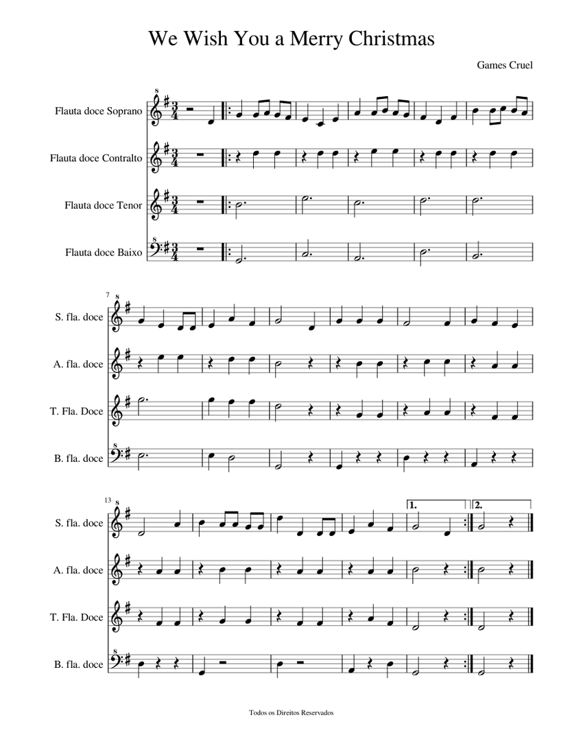 We Wish You a Merry Christmas (Quartet) Sheet Music for Recorder (SATB ...