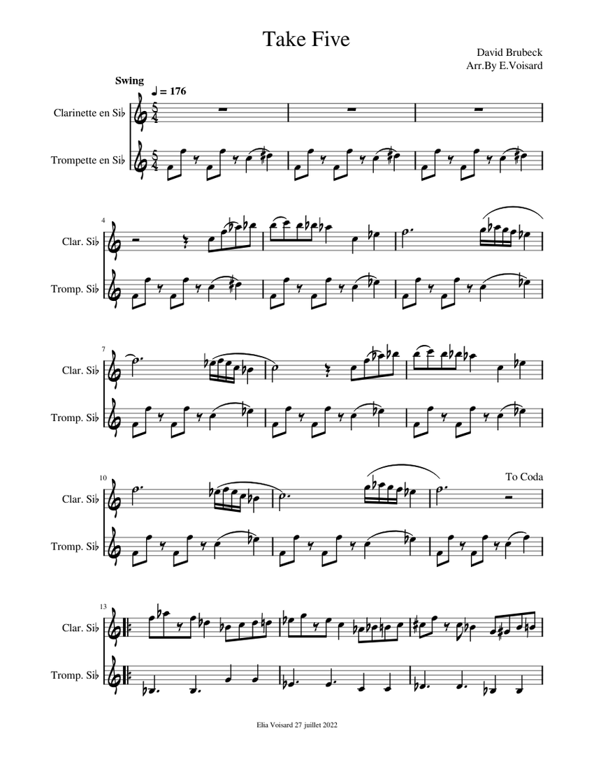 Take Five – The Dave Brubeck Quartet Take_Five Sheet Music for Clarinet ...