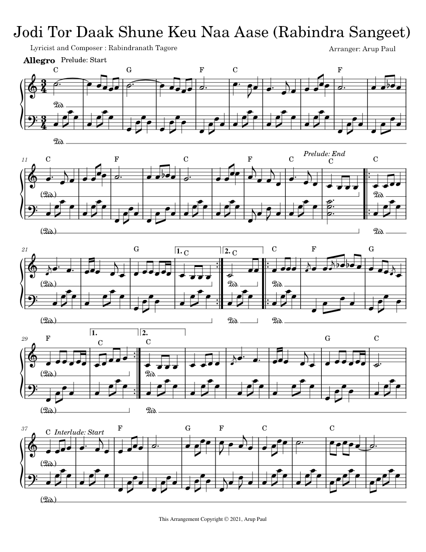 Jodi Tor Daak Shune Keu Naa Aase Rabindra Sangeet Piano Solo Version Staff Notation By Arup Paul ...