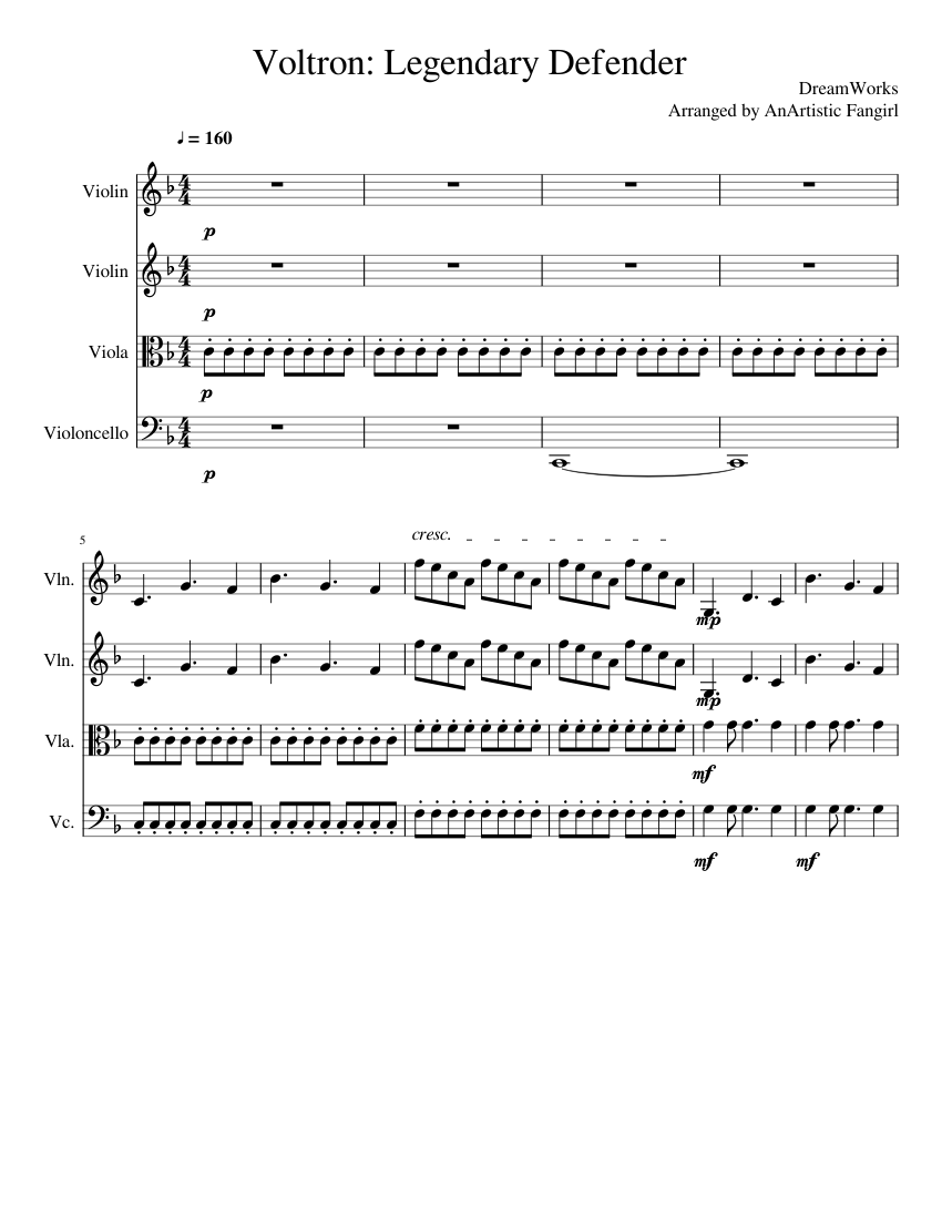 Voltron: Legendary Defender Opening Sheet music for Violin, Viola ...