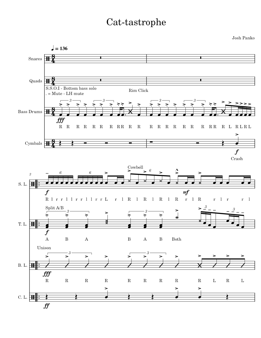 Cat-tastrophe Sheet music for Snare drum, Crash, Tenor drum, Bass drum ...