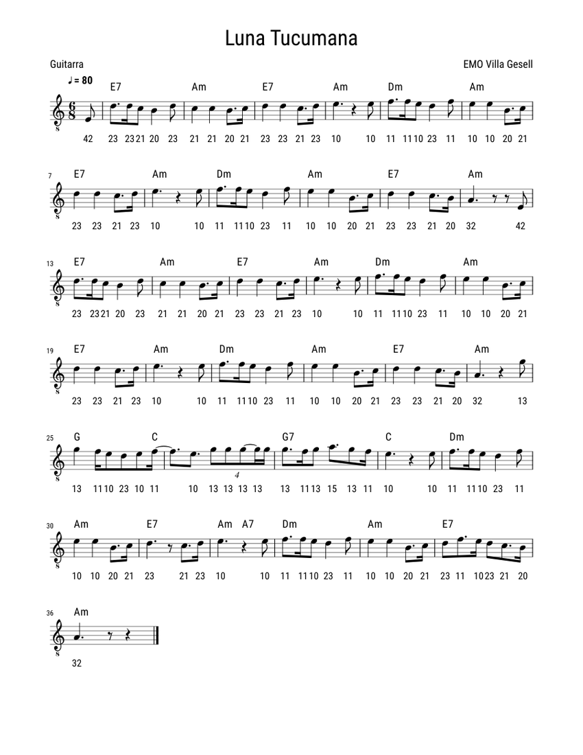 Luna Tucumana Sheet Music with Chords for Guitar (Solo) | MuseScore.com