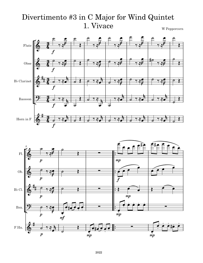 Divertimento #3 for Wind Quintet in C 1 Vivace Sheet music for Flute ...
