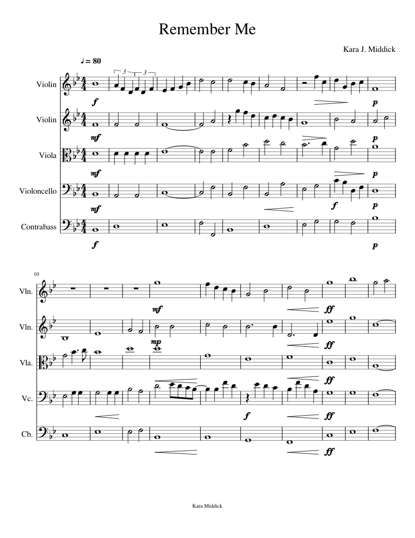 Remember Me Sheet music for Contrabass, Violin, Viola, Cello (String ...