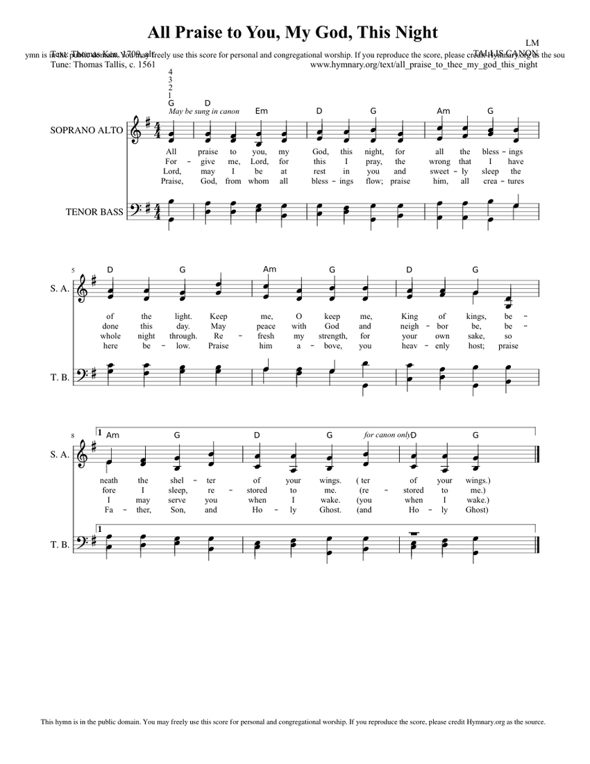 Tallis' Canon - Thomas Tallis Sheet music for Piano, Soprano (Piano ...