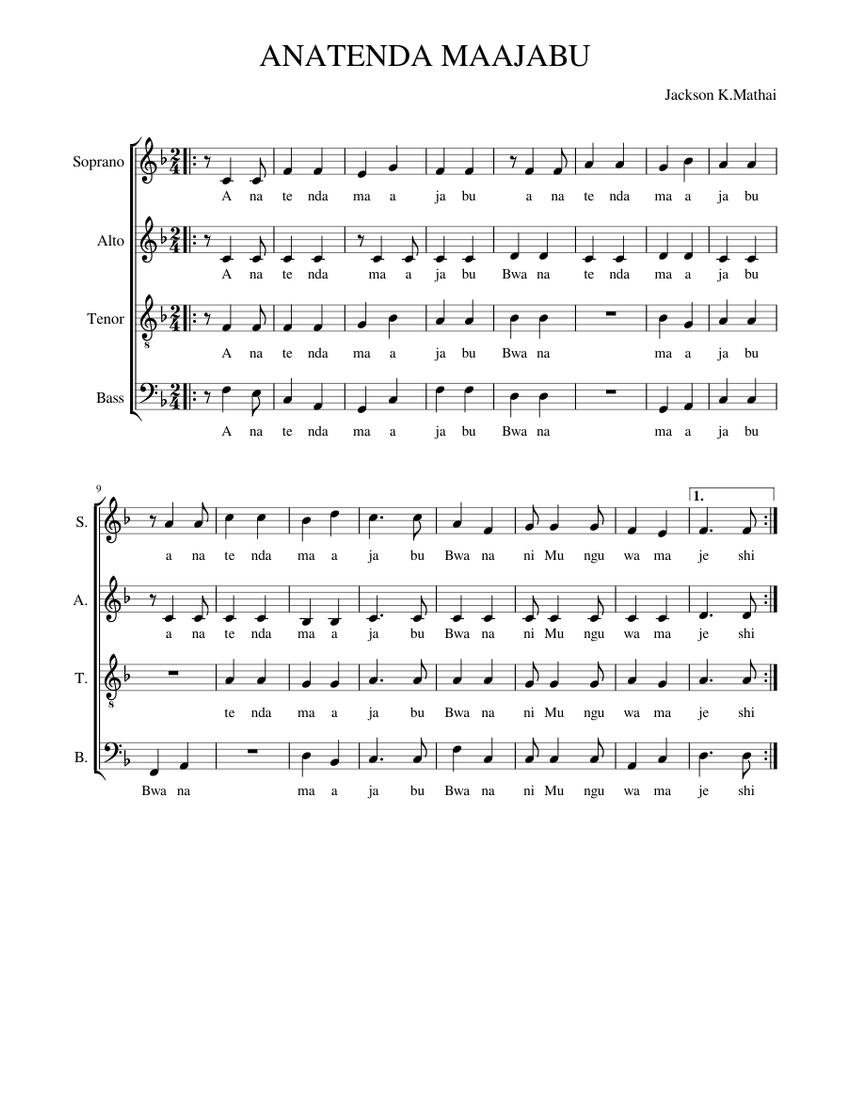ANATENDA MAAJABU Sheet Music for Soprano, Alto, Tenor, Bass voice ...