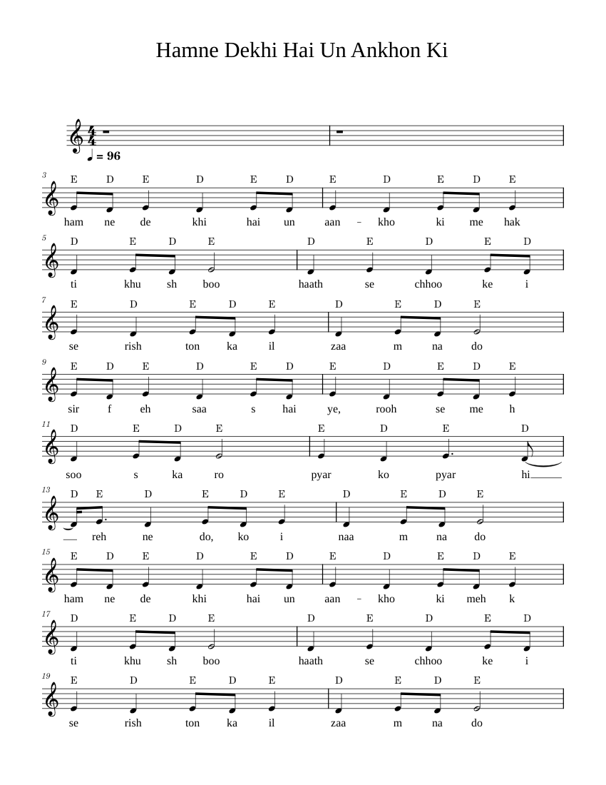 Hamne Dekhi Hai Un Ankhon Ki – Lata Mangeshkar Sheet music for Piano ...