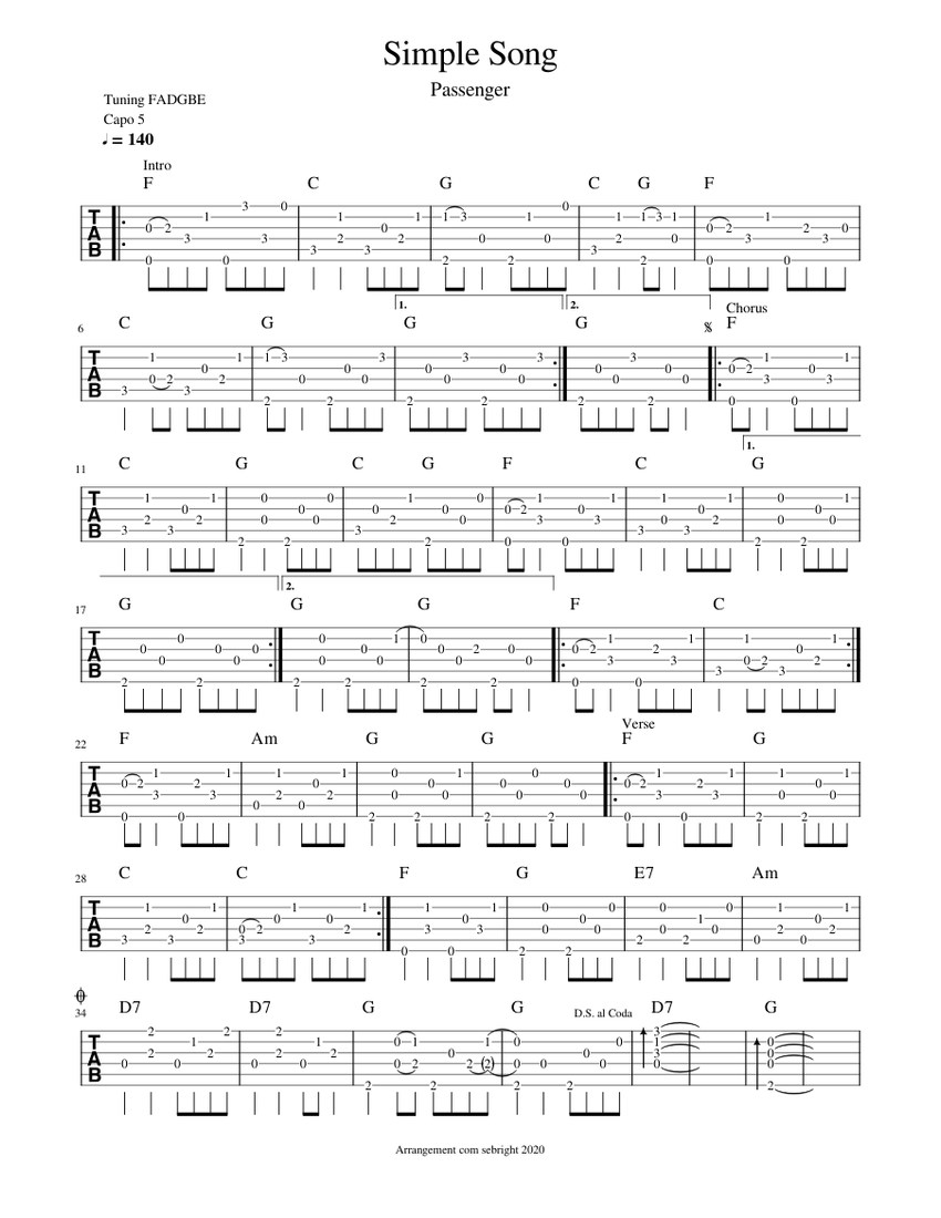 Passenger - Simple Song Sheet Music and Tab with Chords for Guitar ...