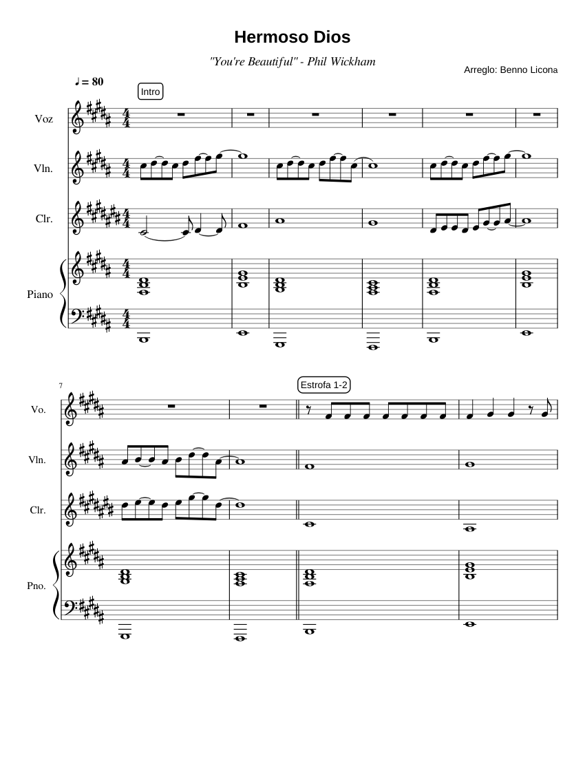 Hermoso Dios (You're Beautiful - Phil Wickham) Sheet Music for Piano ...