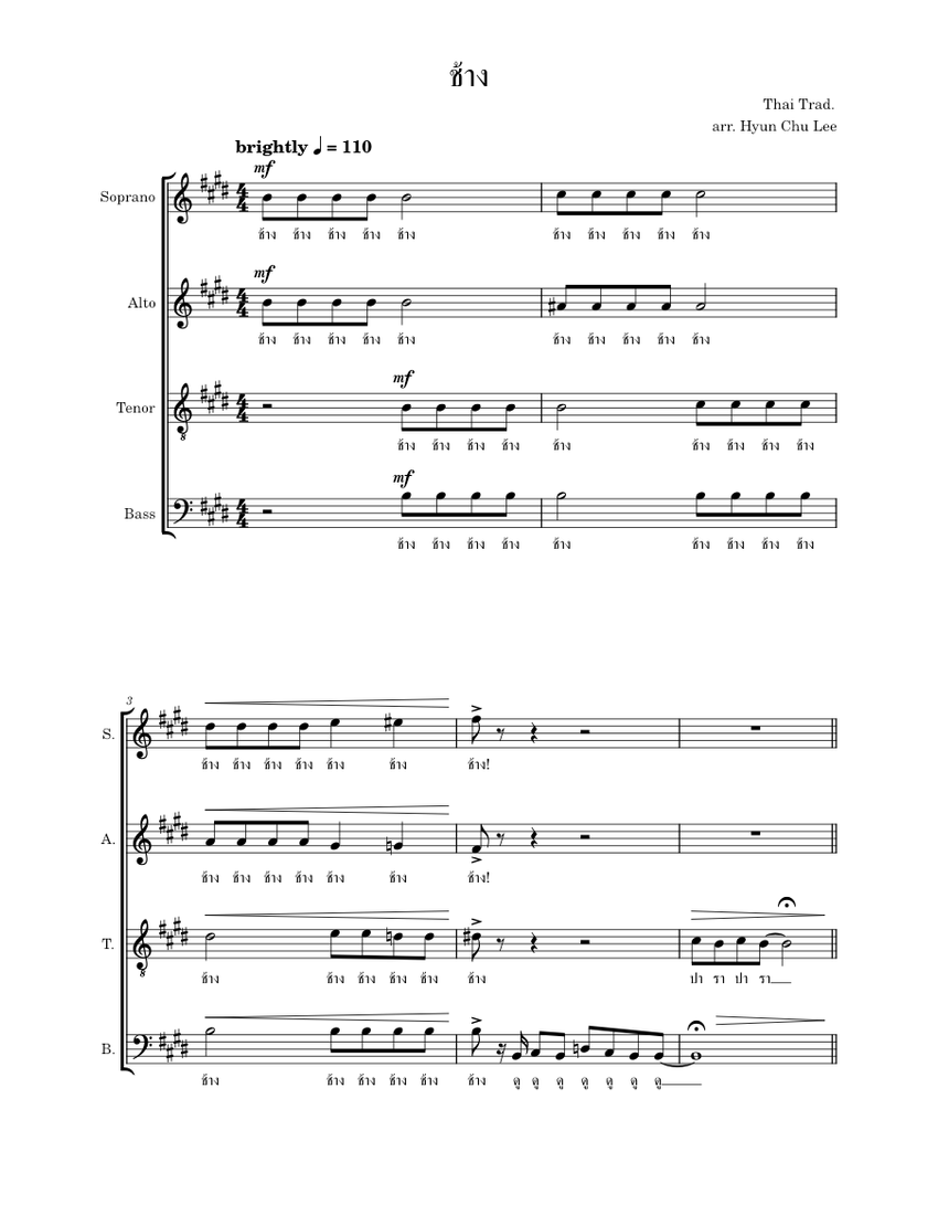 Chaang ช้าง Sheet Music for Soprano, Alto, Tenor, Bass voice (SATB ...