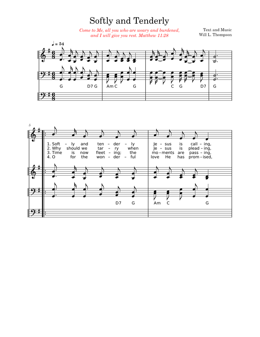 Softly and Tenderly Sheet Music with Chords for Piano (Mixed Quartet ...