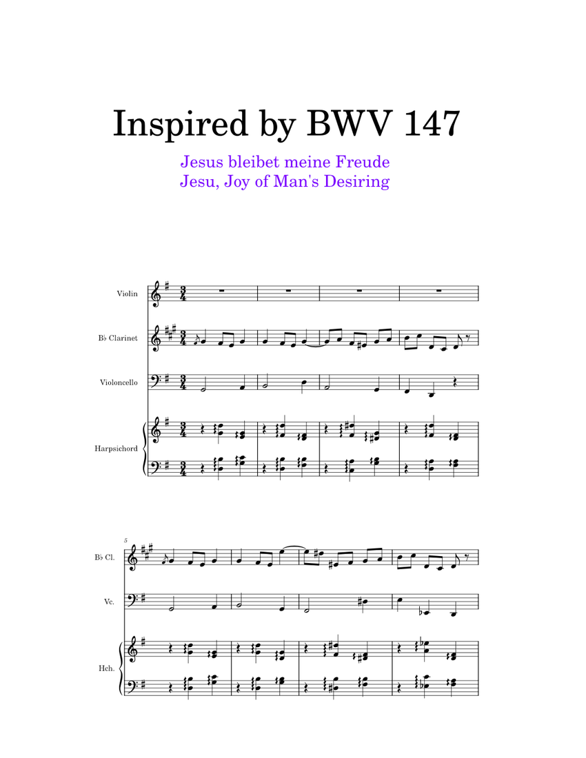 Inspired by BWV 147 Sheet Music for Harpsichord, Clarinet in b-flat ...