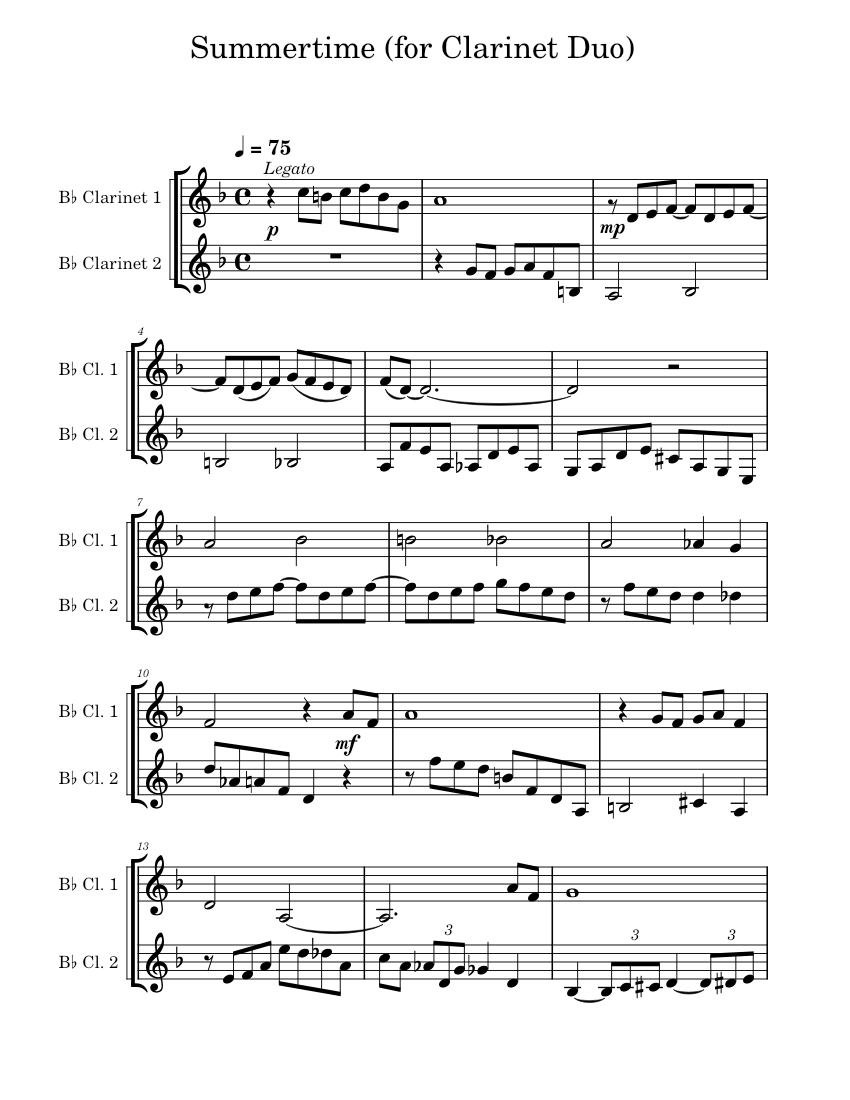 Summertime – George Gershwin Sheet music for Clarinet in b-flat (Woodwind Duet) | Musescore.com
