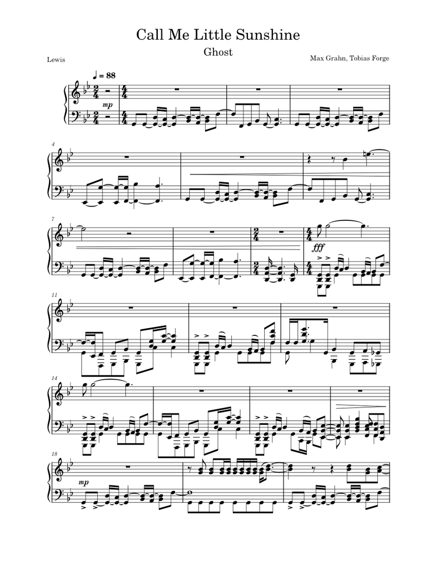Call Me Little Sunshine – Ghost Sheet Music for Piano (Solo ...