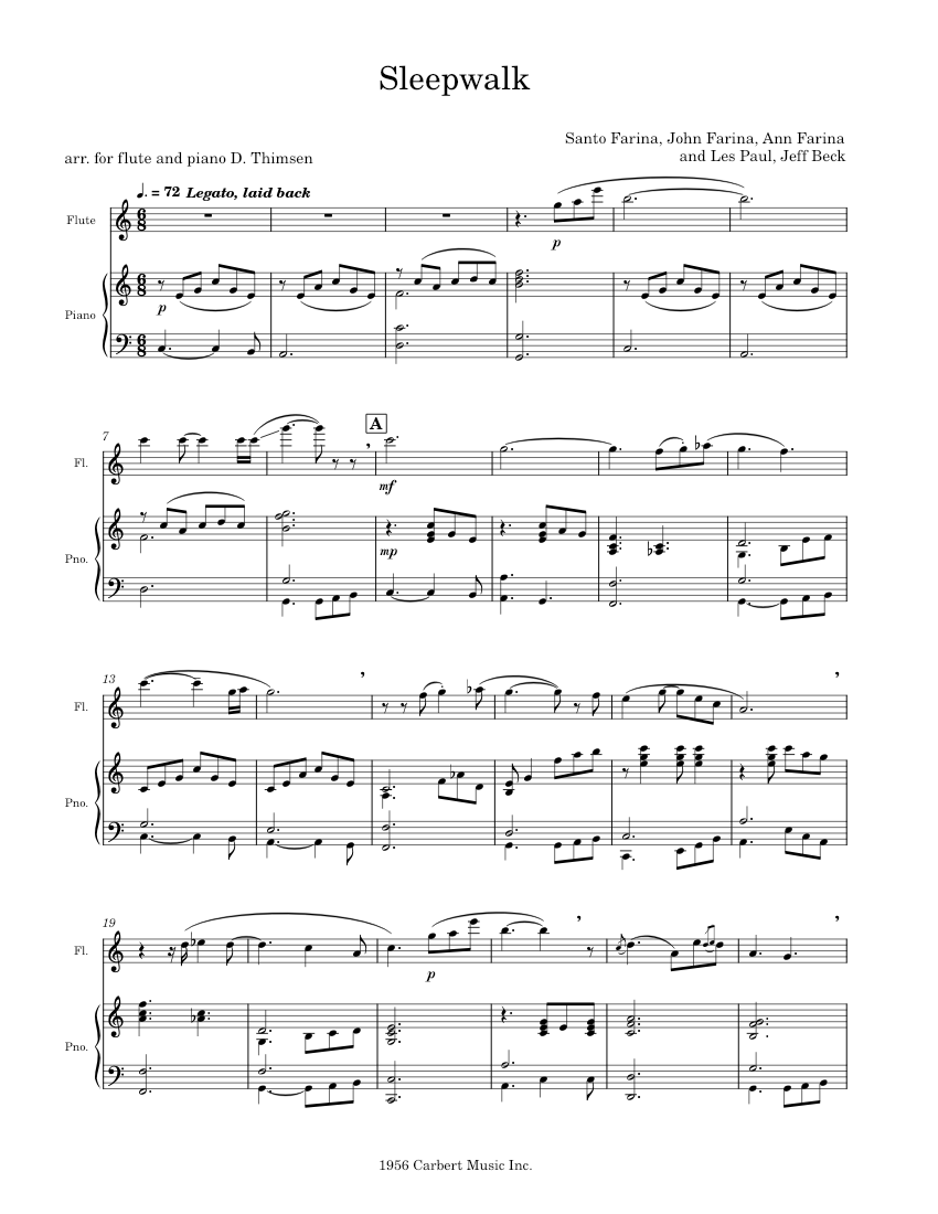 Sleepwalk – Santo & Johnny Sheet Music with Chords for Piano, Flute ...