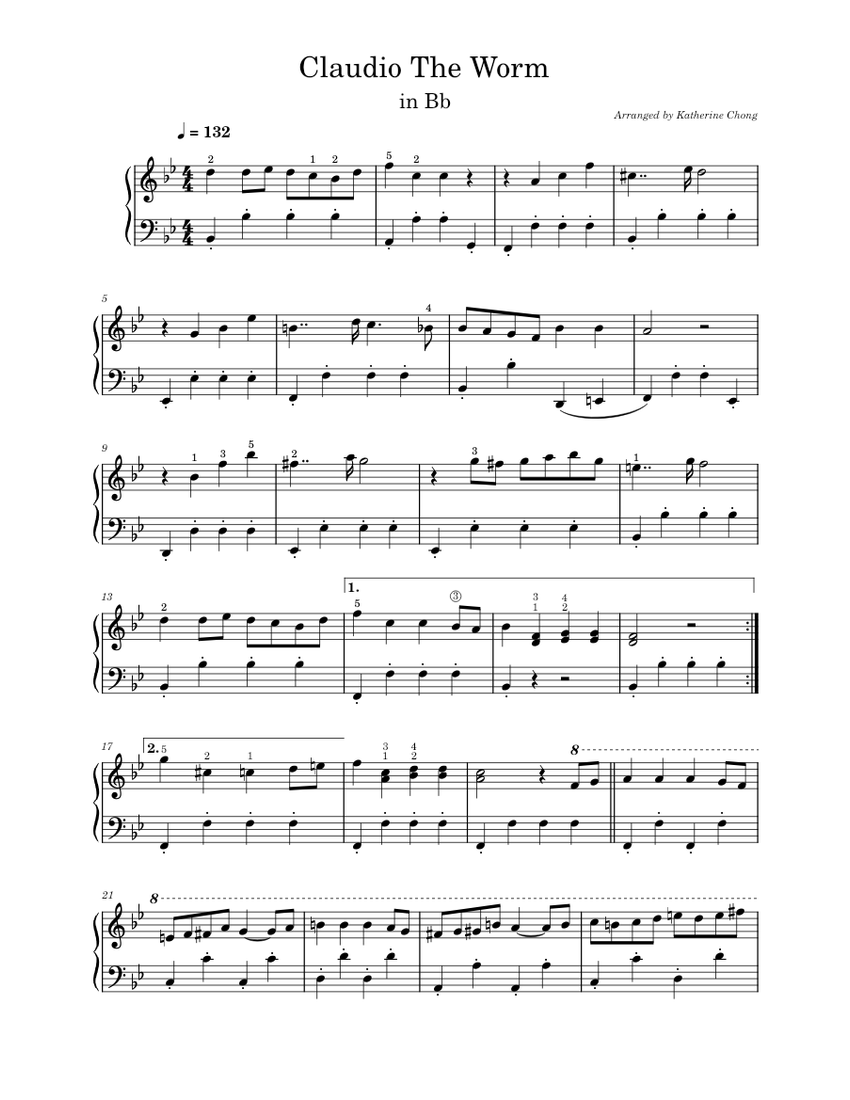 Claudio The Worm (in Bb) Sheet Music for Piano (Solo) Easy | MuseScore.com