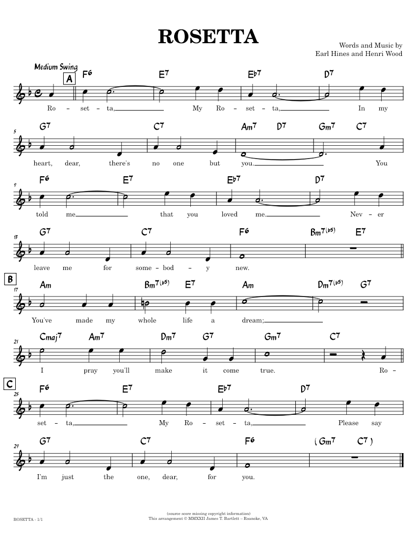 Rosetta [lead sheet] – Earl Hines, Henri Wood Sheet Music with Chords ...
