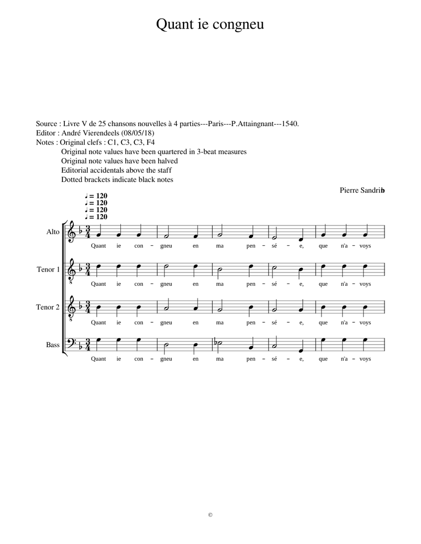 Quant ie congneu - Pierre Sandrin Sheet music for Bass guitar (Solo ...