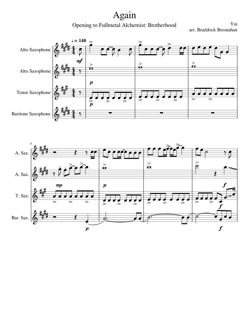 Again Sheet Music for Saxophone alto, Saxophone tenor, Saxophone ...