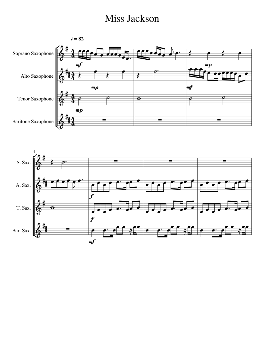 Miss Jackson By P!ATD for Saxophone Quartet (SATB) Sheet music for ...