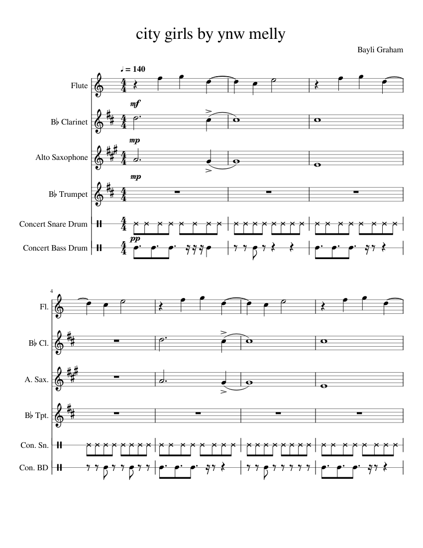 City Girls - YNW Melly Sheet Music for Flute, Clarinet in b-flat ...