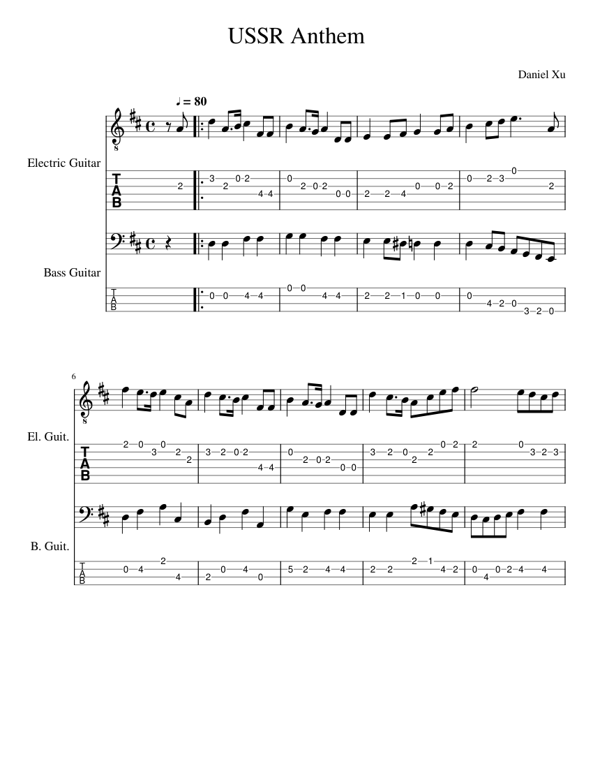 USSR Anthem Sheet Music and Tab for Guitar, Bass guitar (Mixed Duet ...