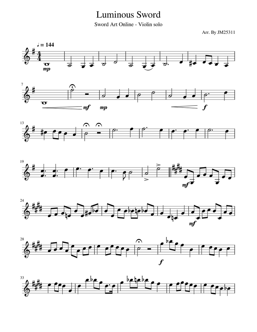 Luminous Sword from Swords Art Online - Violin Solo Sheet Music for ...