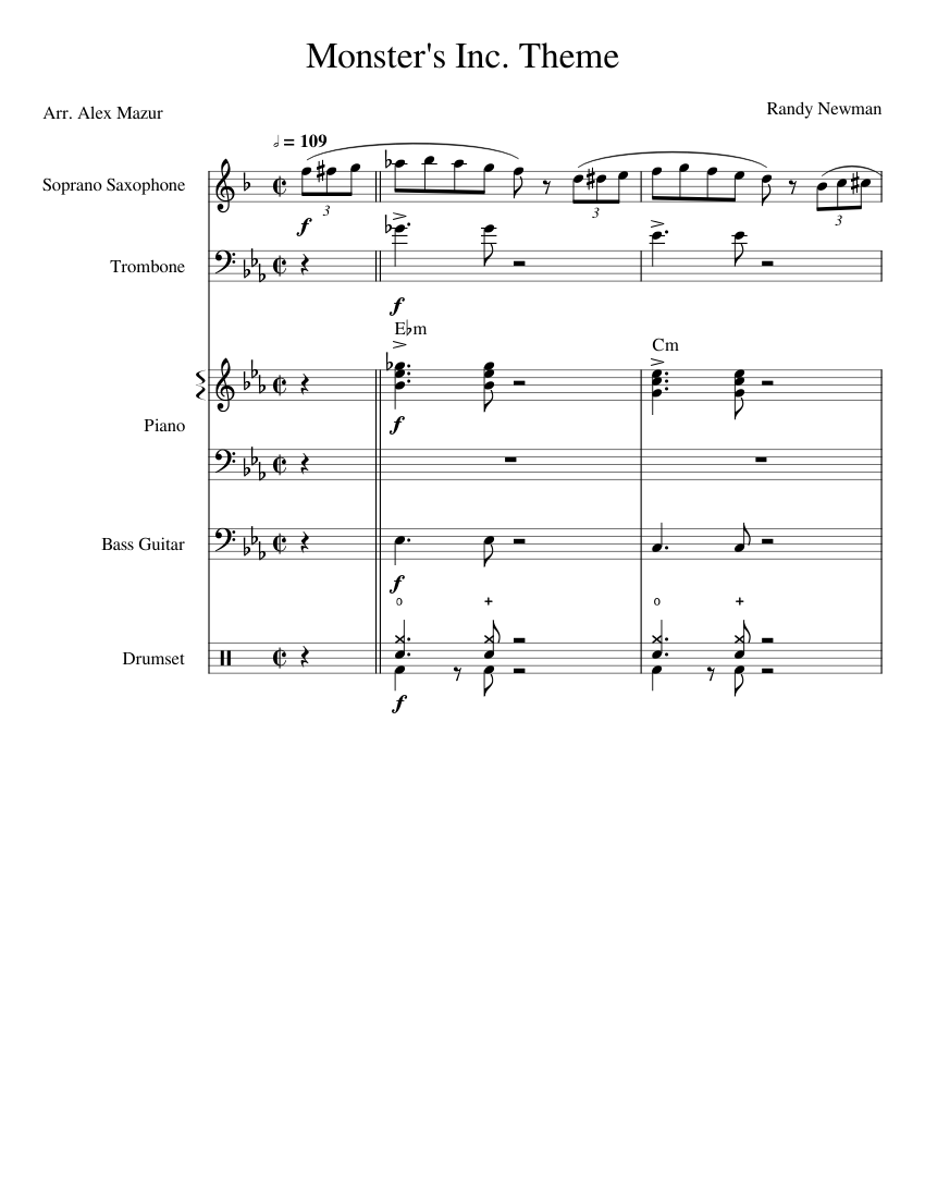 Monster's Inc. Theme Sheet Music with Chords for Piano, Trombone, Bass ...