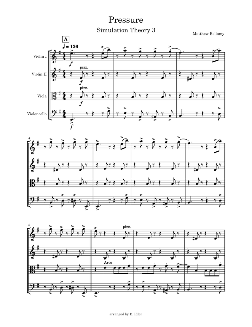 Pressure – Muse Sheet Music for Violin, Viola, Cello (String Ensemble ...