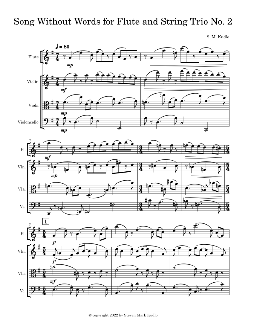Song Without Words for Flute and String Trio No. 2 - Steven Kudlo Sheet ...