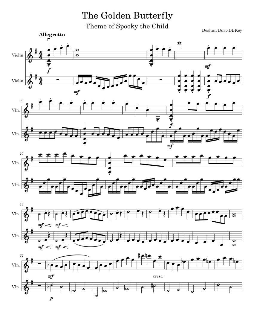The Golden Butterfly: Theme of Spooky Sheet Music for Violin (String ...