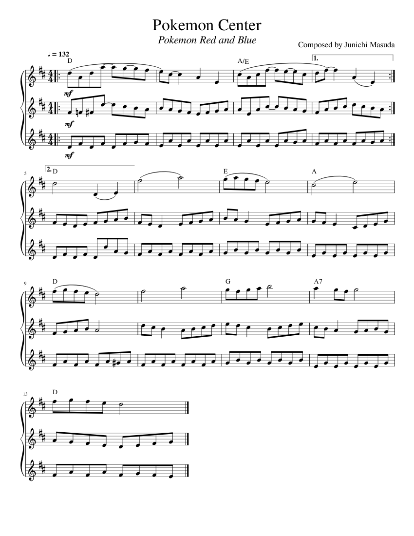 Pokemon Center Pokemon Red and Blue Sheet Music with Chords for Piano ...