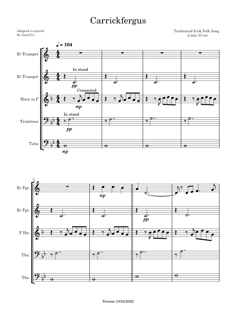 Carrickfergus – Misc Traditional Sheet Music for Trombone, Tuba ...