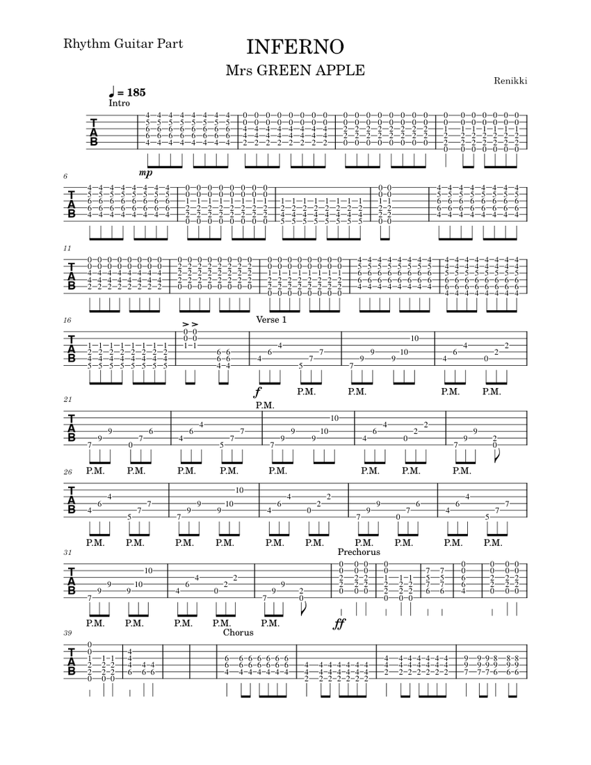 Inferno – Mrs Green Apple Rhythm Guitar Part Sheet Music and Tab for ...