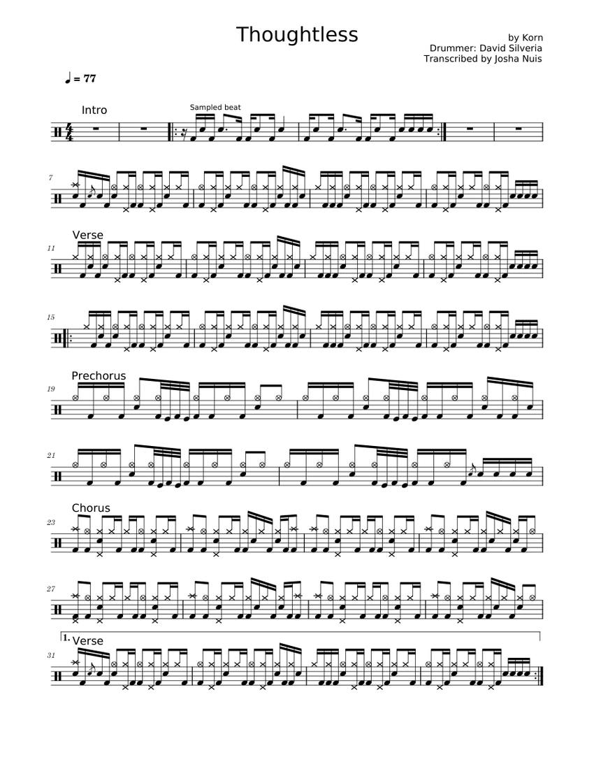 Thoughtless – Korn Sheet Music for Drum group (Solo) | MuseScore.com