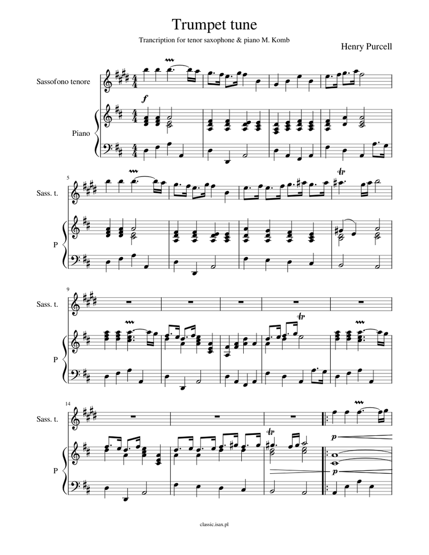 Trumpet Tune – Henry Purcell Sheet music for Piano, Saxophone tenor (Mixed Duet) | Musescore.com