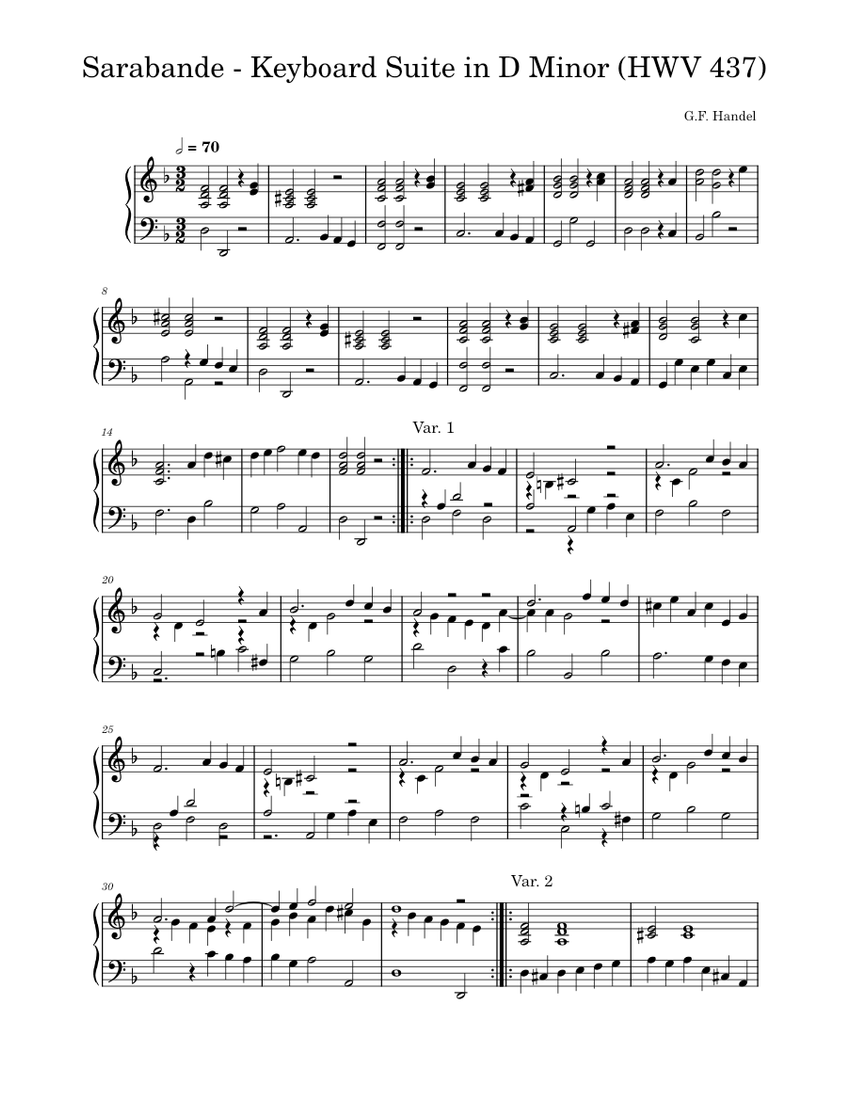 Handel: Sarabande - Keyboard Suite in D Minor, HWV 437 Sheet music for ...