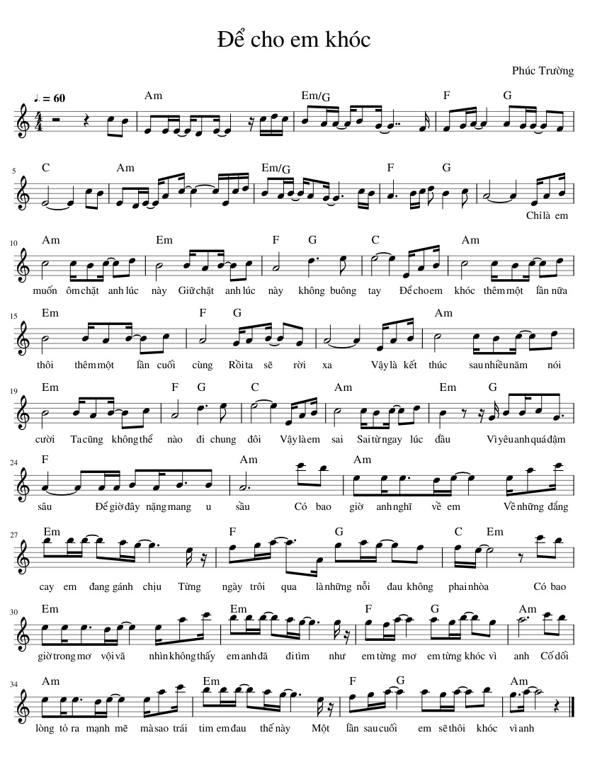 Để cho em khóc Sheet music for Piano (Solo) | Musescore.com