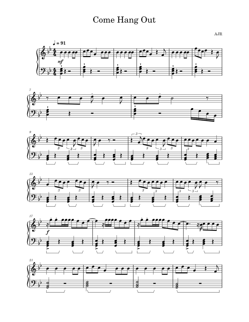 Come Hang Out – AJR Sheet Music for Piano (Solo) | MuseScore.com