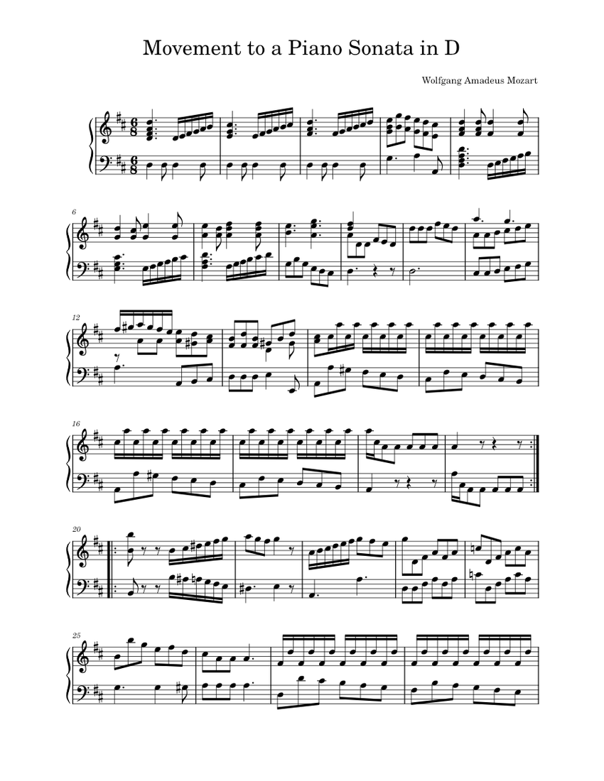 Movement to a Piano Sonata in D, K15bb – Wolfgang Amadeus Mozart Sheet ...