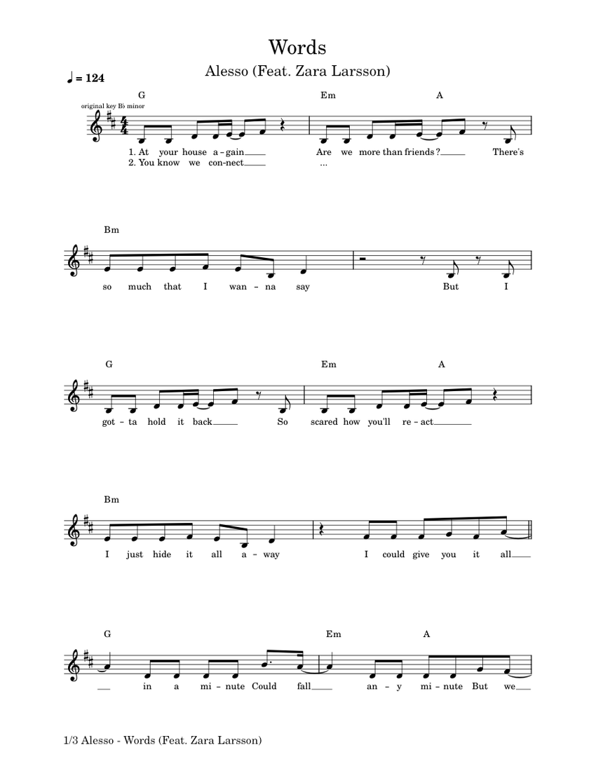 Words – Alesso ft. Zara Larsson Sheet Music with Chords for Piano (Solo ...