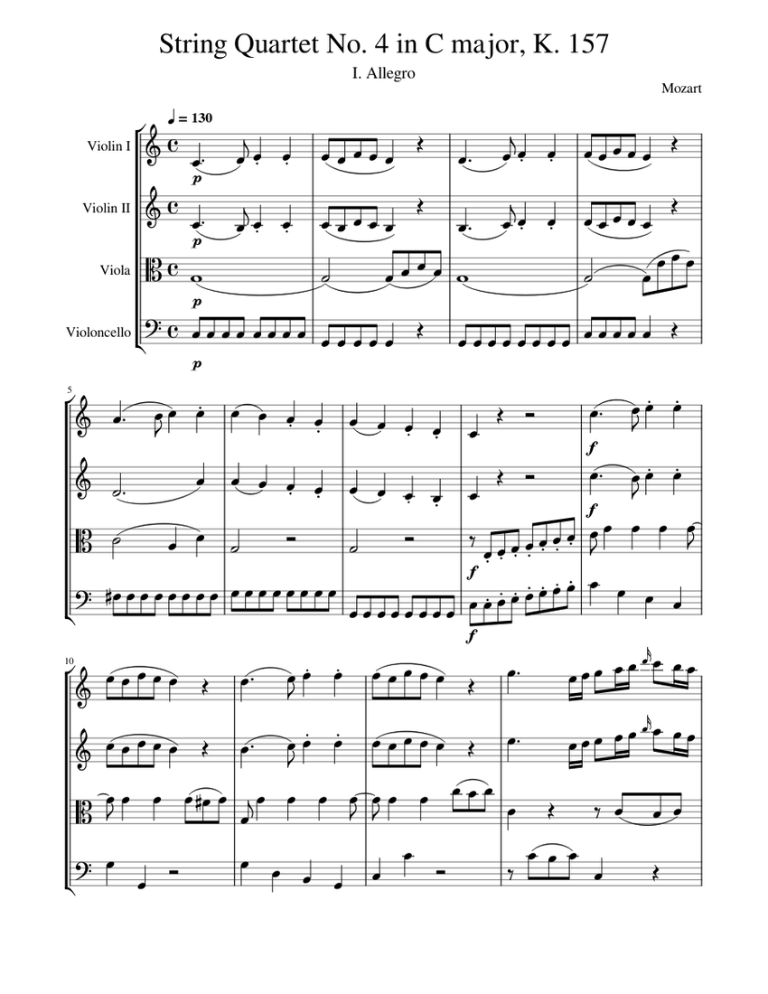 String Quartet No.4 in C major, K.157 – Wolfgang Amadeus Mozart , I. Allegro Sheet Music for ...