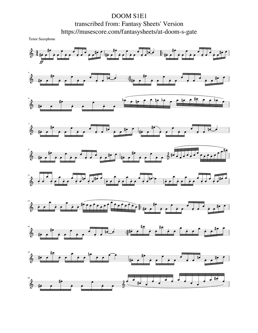 DOOM S1E1 Tenor Sax Sheet music for Saxophone tenor (Solo) | Musescore.com