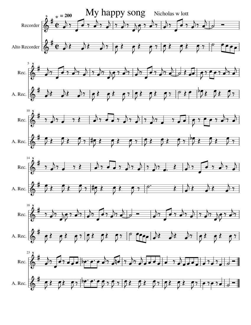 My happy song Sheet music for Recorder (Woodwind Duet) | Musescore.com
