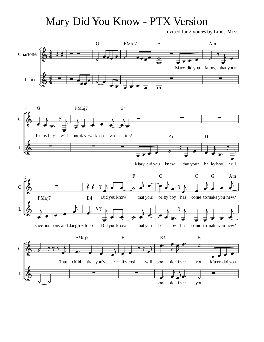 Mary Did You Know – ptx - C - for 2 voices Sheet Music with Chords for ...