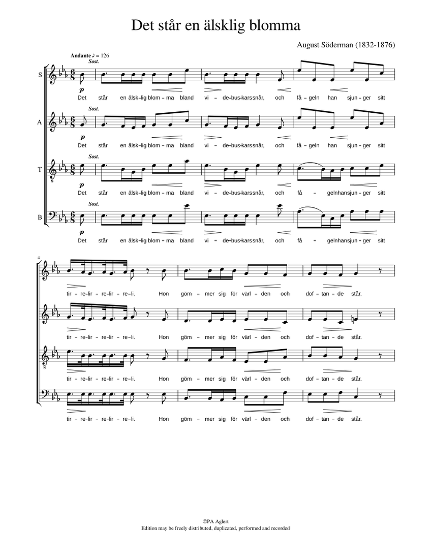 Det står en älsklig blomma - August Söderman Sheet music for Vocals ...