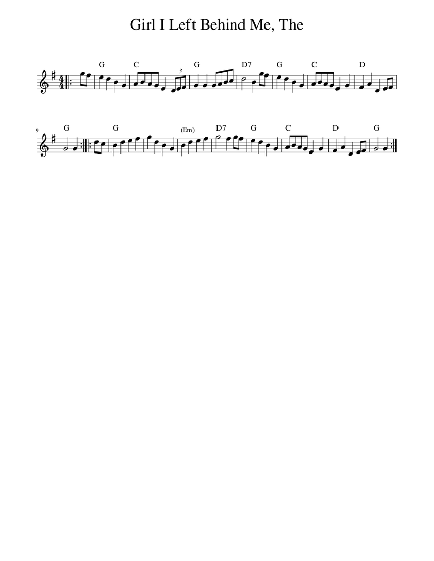 The Girl I Left Behind Me Sheet Music with Chords for Piano (Solo) easy ...