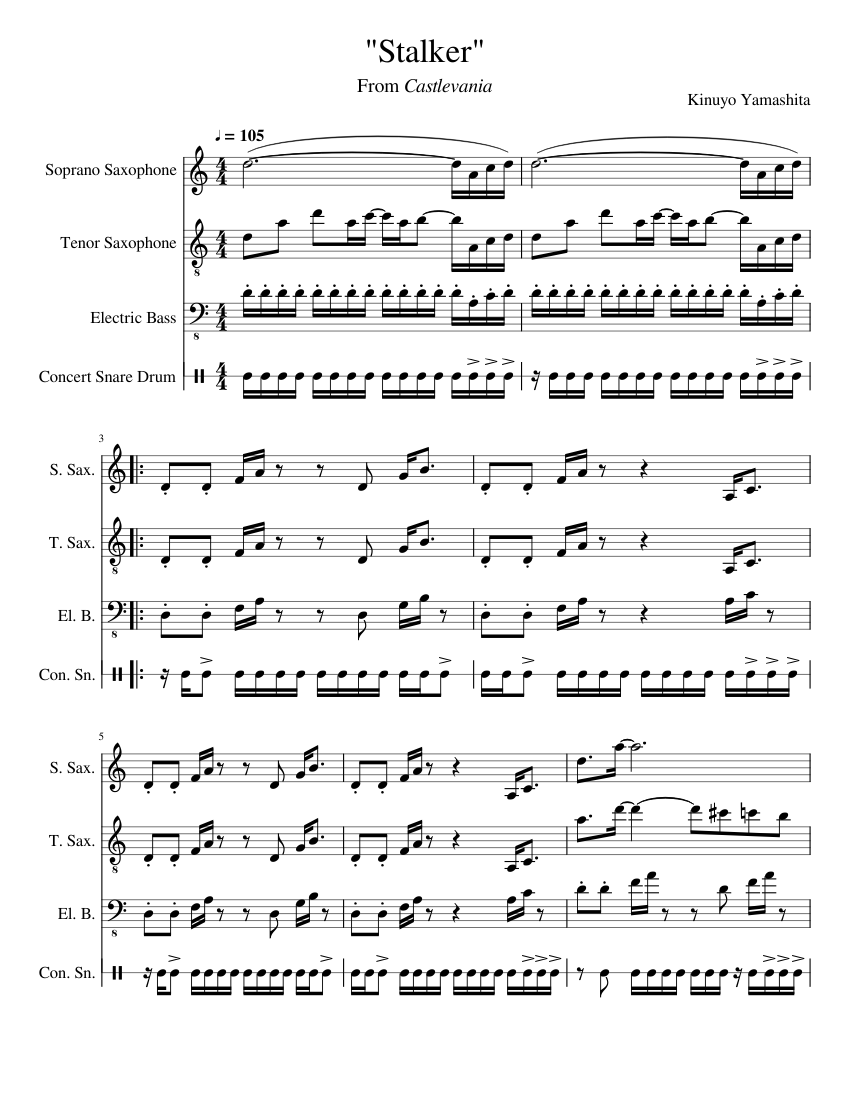 Stalker Sheet music for Saxophone tenor, Snare drum, Bass guitar ...